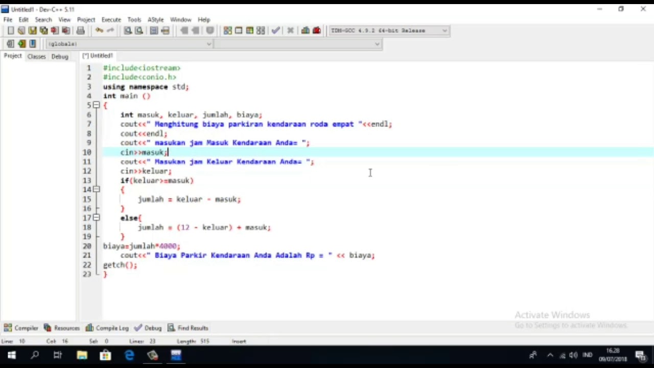 Program Dev C++ Menghitung Biaya Parkir - YouTube