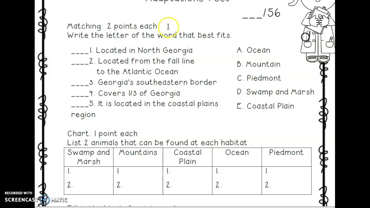 Georgia Habitats/ Plant and Animal Adaptations Quiz Review Part #1 ...