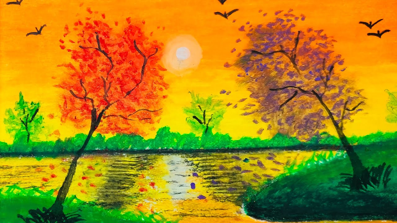 A beautiful autumn sunset landscape/ oil pastels drawing - YouTube