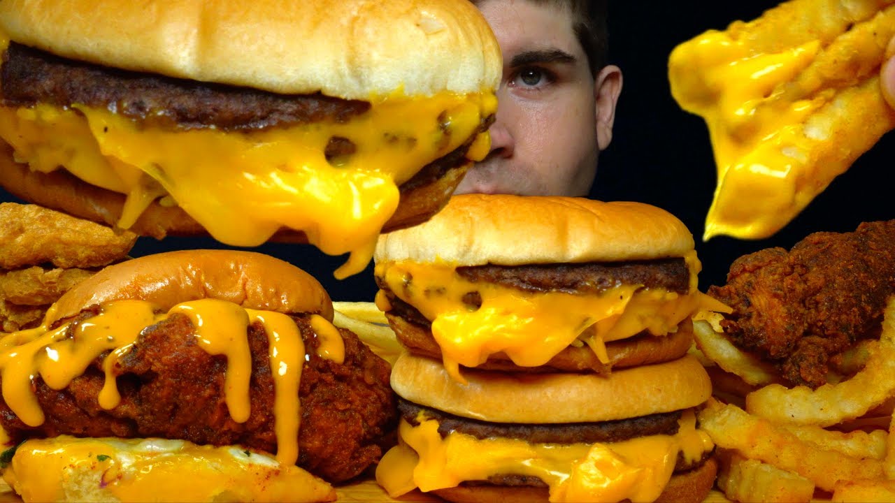 asmr mukbang Triple Cheeseburgers & Dave’s Hot Chicken & fries | with ...