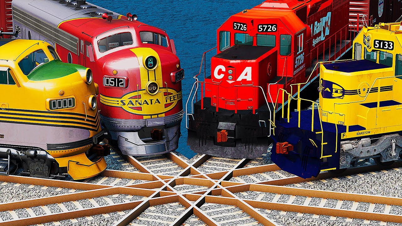 Four Trains vs Impossible Mistake Crossing Rails vs Deepwater - BeamNG ...
