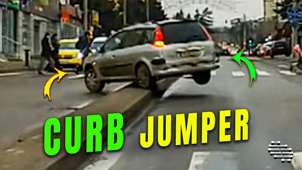Driver Crossing a Red Light and Jumping a Curb - YouTube