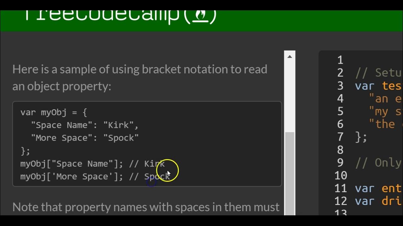 Accessing Objects Properties with Bracket Notation, freeCodeCamp Basic Javascript - YouTube