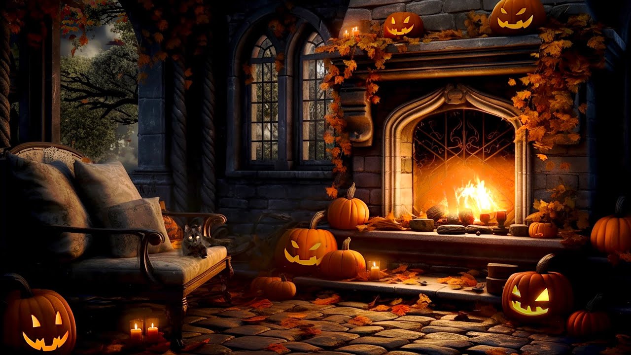 🎃 Cozy Halloween Evening - Soothing Fireplace and Rustling Leaves ...