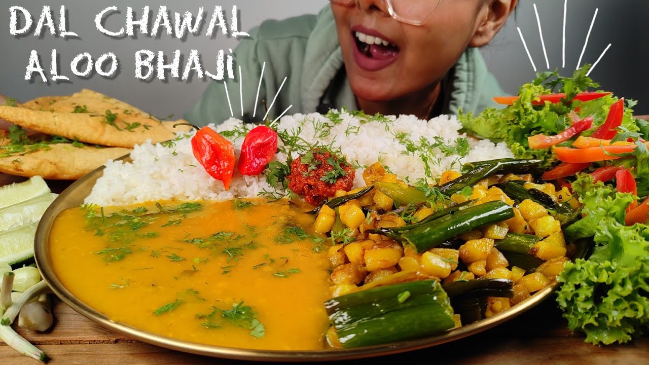 EATING DAL CHAWAL, ALOO & PYAAZ KALI BHAJI, GARLIC CHUTNEY, SALAD ...