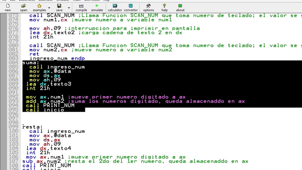 menu con operaciones basicas emu8086 - YouTube