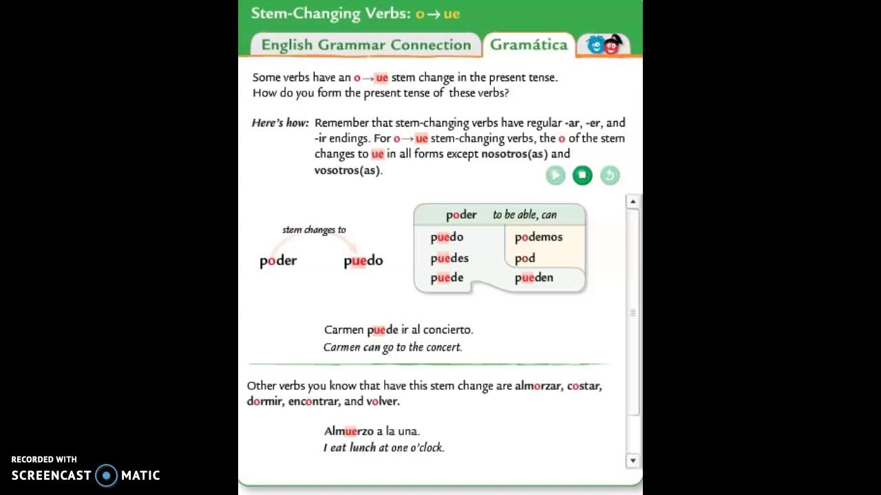 Avancemos 1 U4:L1 Stemchanging 0 to UE - YouTube