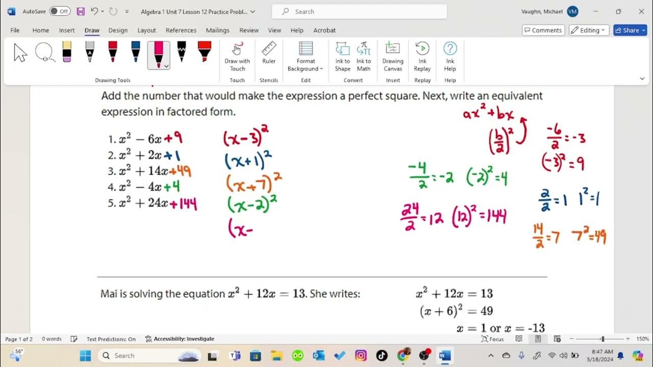 Algebra 1 Unit 7 Lesson 12 Practice Problems - YouTube
