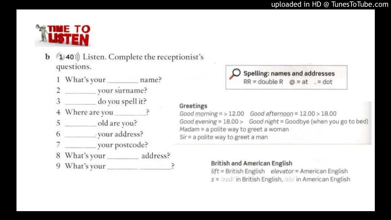 1C 1.40 Listening and Speaking - Receptionist's Questions: Complete a ...