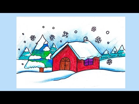 How to Draw Winter Landscape for Kids || Winter Cabin and Tree Drawing ...