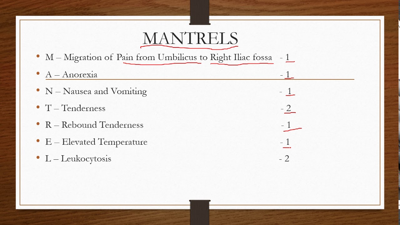 Alvarado score / MANTRELS score: Mnemonic - YouTube