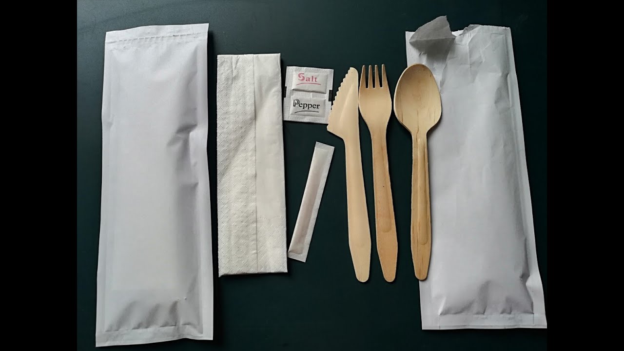 Wooden cutlery packing machine with paper bag - YouTube