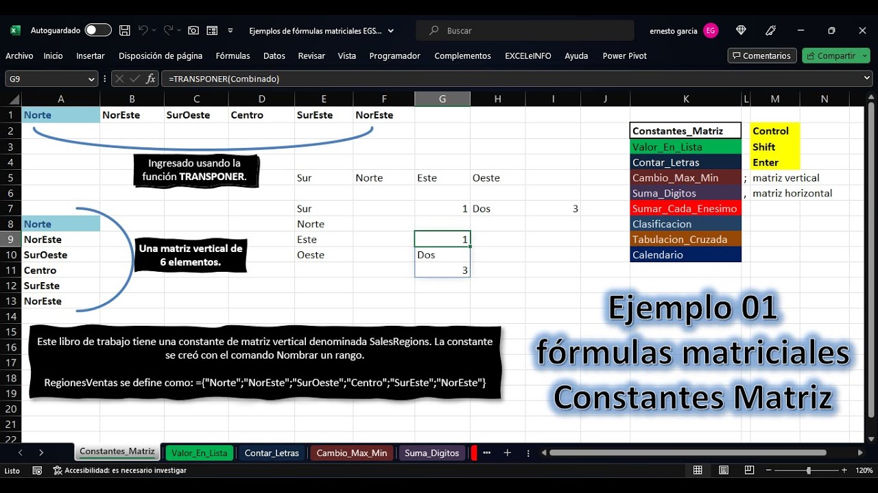 Ejemplo 01 Fórmulas Matriciales Excel Constantes Matriz - YouTube
