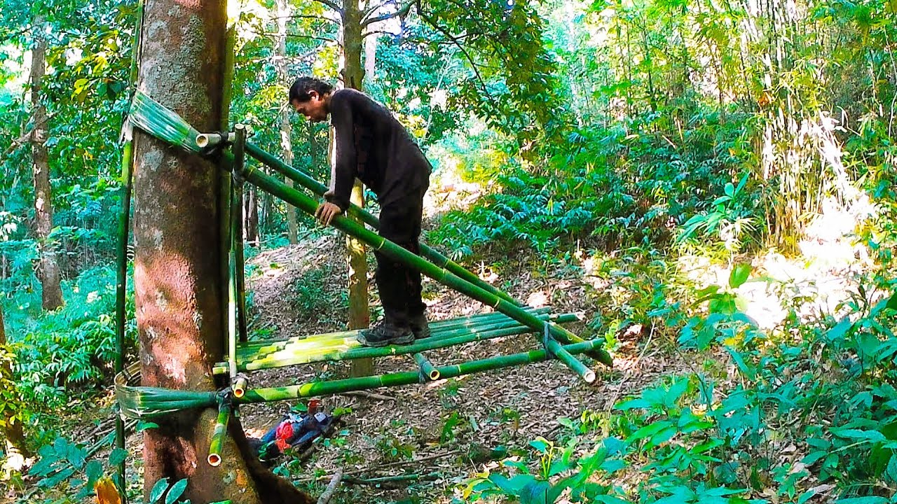 solo bushcraft camping build a safe hanging survival shelter from ...