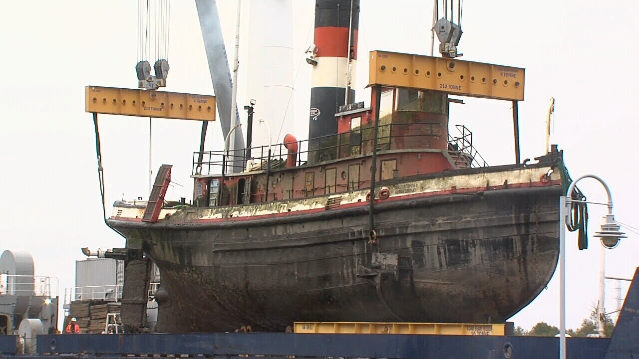 James Whalen Tug now fully raised from the Kam River - YouTube