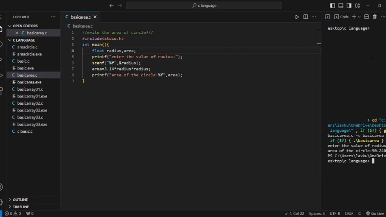 calculate area of Circle in c language using vs code|c programming find area of Circle using ...