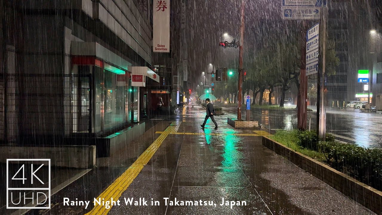 4K Rain Sounds ASMR | Japanese City Walk at Night in Takamatsu ...