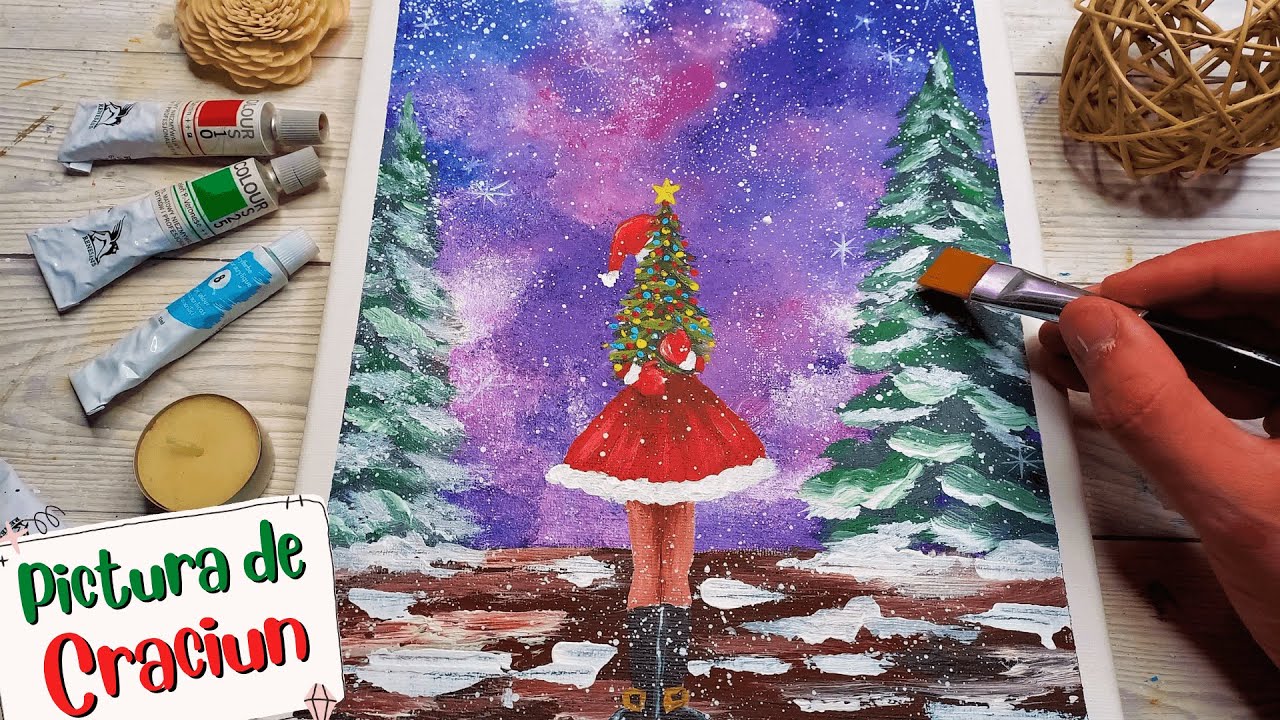 Pictura de Craciun - Pictez o Craciunita 🎄Peisaj de Iarna cu brazi si ...