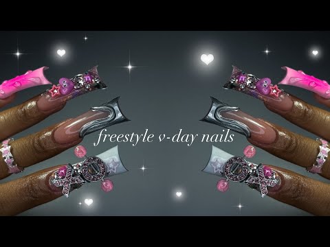 Freestyle Valentine’s Day Nails!❤️‍🔥✨| extra blinged-out duck nails + Valentine’s Day chit-chat💕