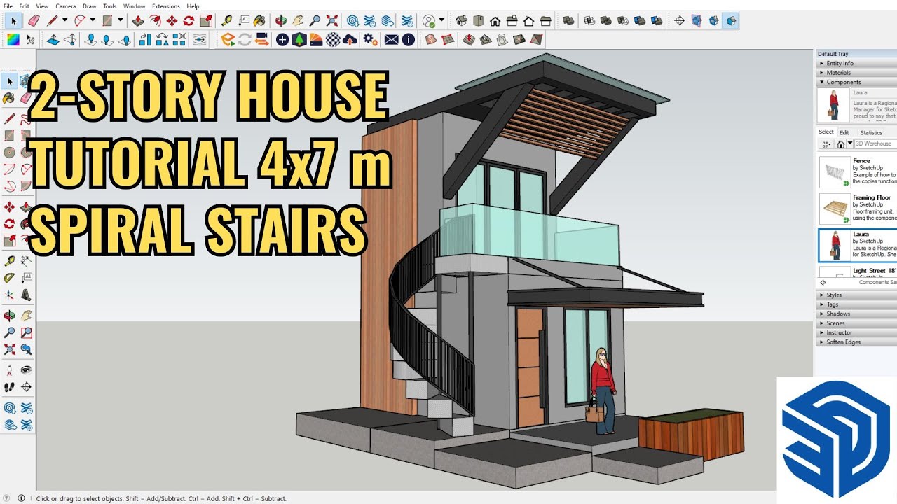 Sketchup house tutorial 2 story 4x7 meter house with a spiral staircase ...
