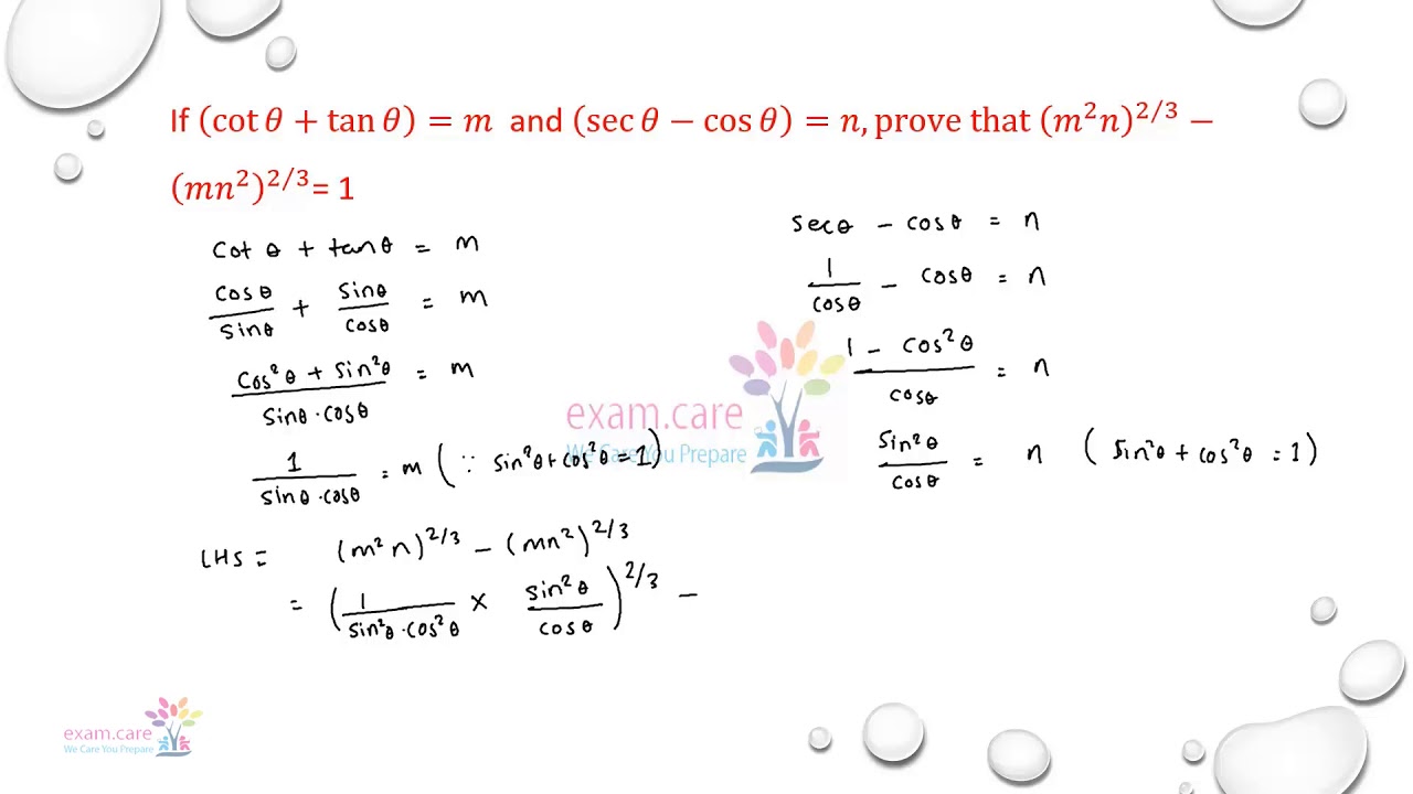 If (cot⁡𝜃+tan⁡𝜃 )=𝑚 and (sec⁡𝜃−cos⁡𝜃 )=𝑛, prove that (𝑚^2 𝑛)^(2∕3)−(𝑚𝑛 ...