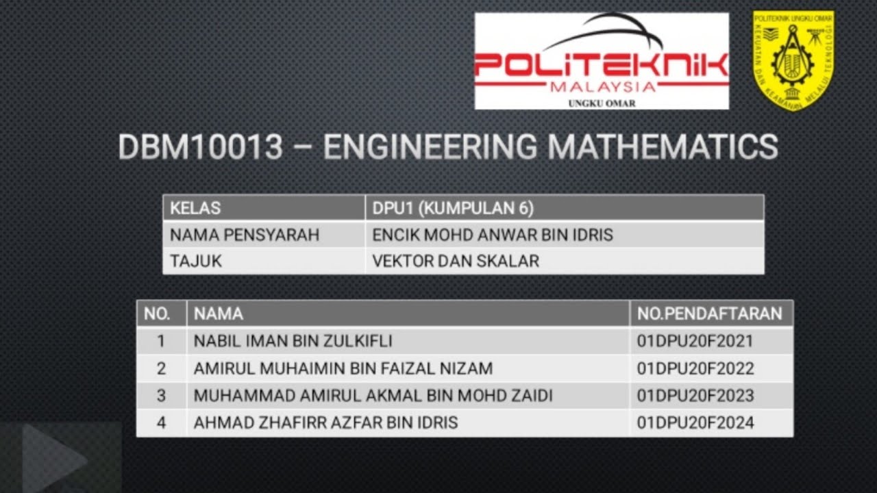 DBM10013 ENGINEERING MATHEMATICS • PRESENTATION VEKTOR & SKALAR • DPU1 ...