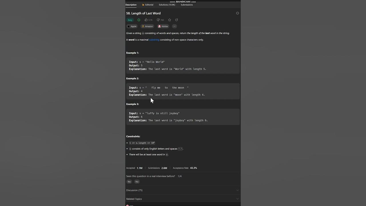Length of Last Word | LeetCode Problem 58 | #shorts | Python - YouTube