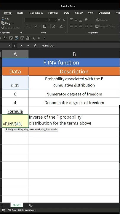 F INV function #shorts Microsoft Excel Tutorial - YouTube