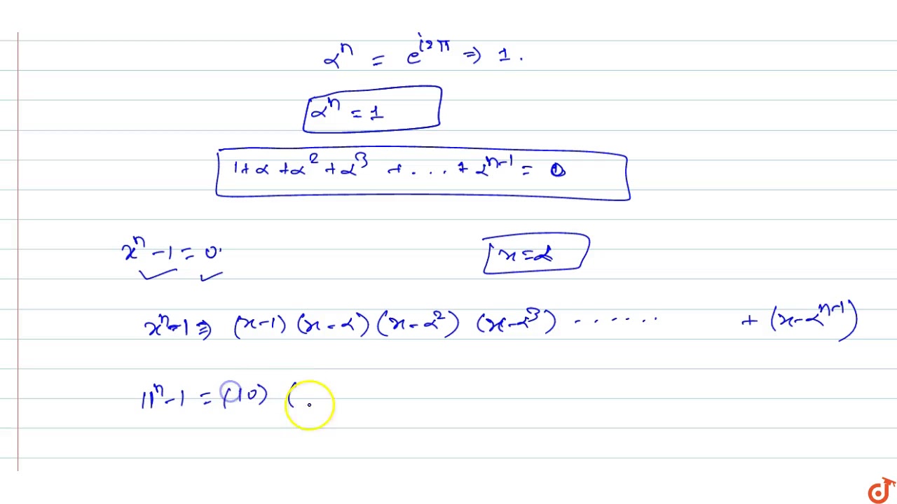 If `alpha=e^((i2pi)/n)`, then `n(11-alpha)(11-alpha^2)(11-alpha^(n-1 ...