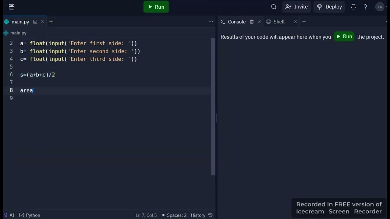 PROGRAM TO CALCULATE AREA OF TRIANGLE IN PYTHON - YouTube