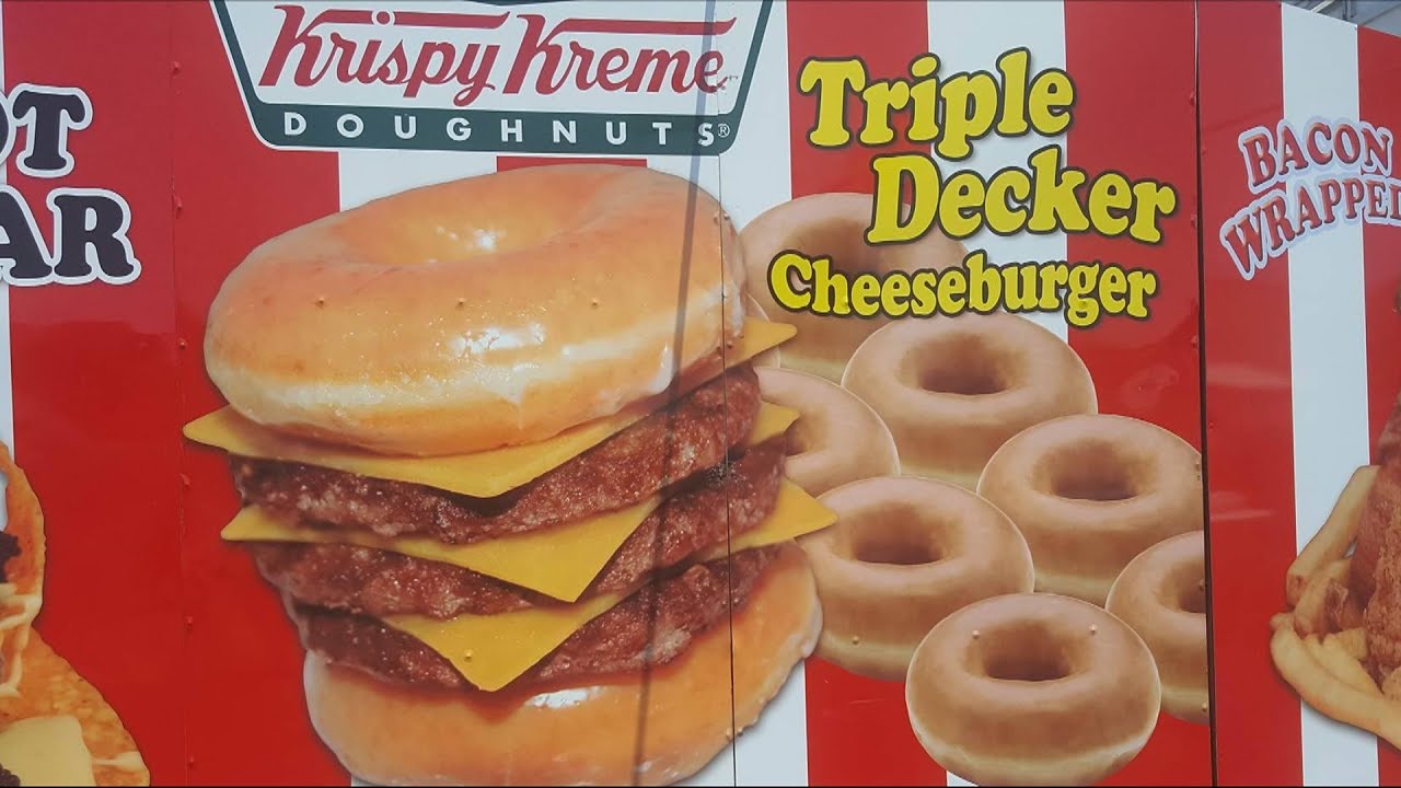 Krispy Kreme Triple Decker Cheeseburger Review - OC Fair 2016 - YouTube