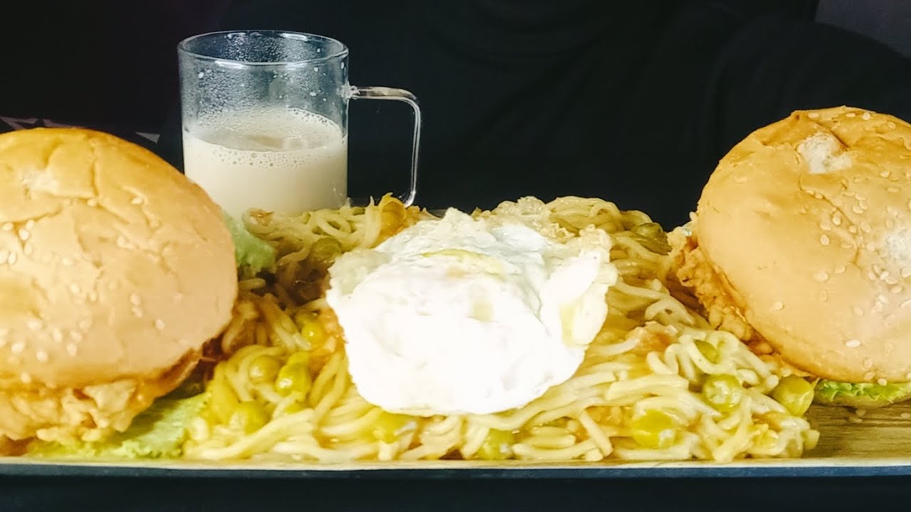 @BeasteatingASMR Eating Maggie! Chicken Crispy Burger! Coffee!Egg!# ...