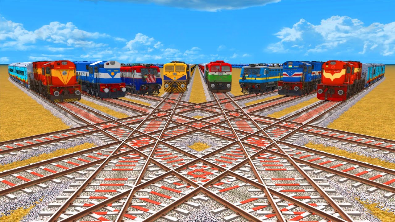 8 TRAINS CRAZY CROSSING ON TRIPLE CRISS-CROSS RAILROAD TRACK #27 BeamNG ...