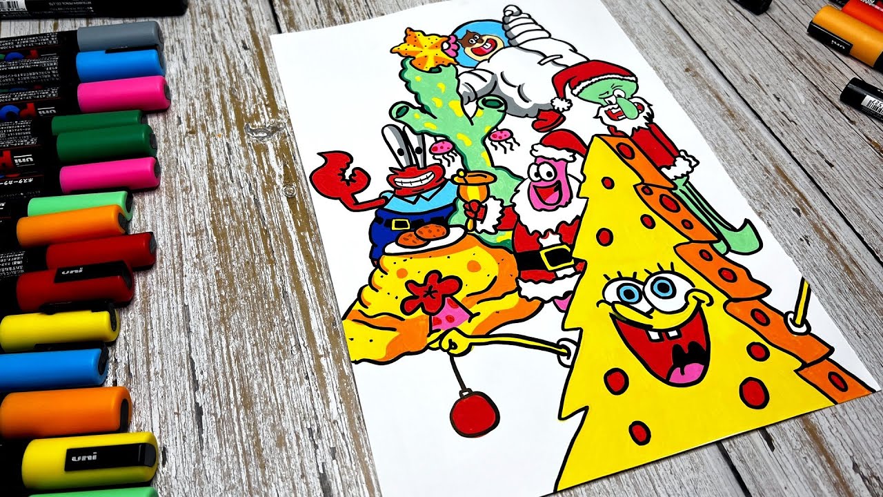 SpongeBob Characters Christmas Art Drawing with Posca Markers! - YouTube