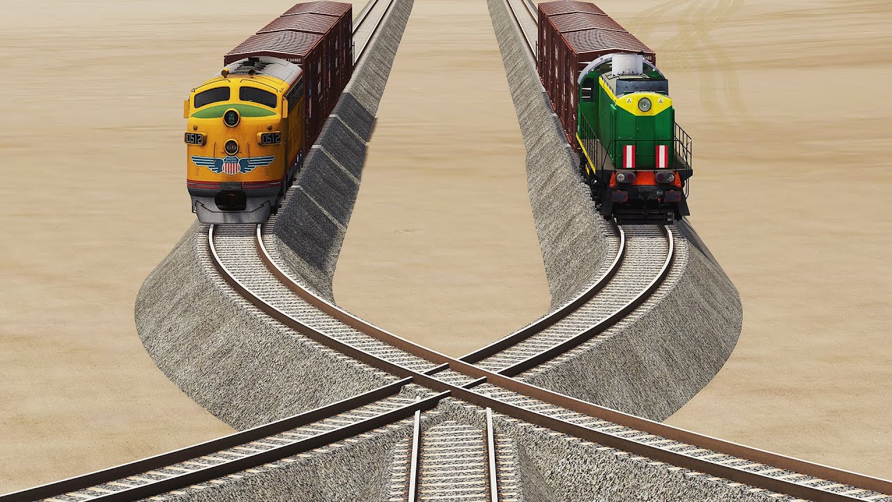 Train vs Impossible Double Crossing Rail to Triple Rail Crossing ...