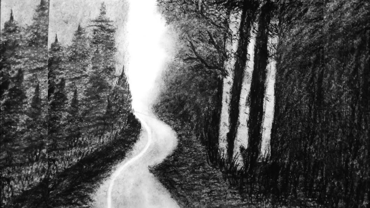 How to draw a road with trees.||Easy way to draw a road scenery drawing ...