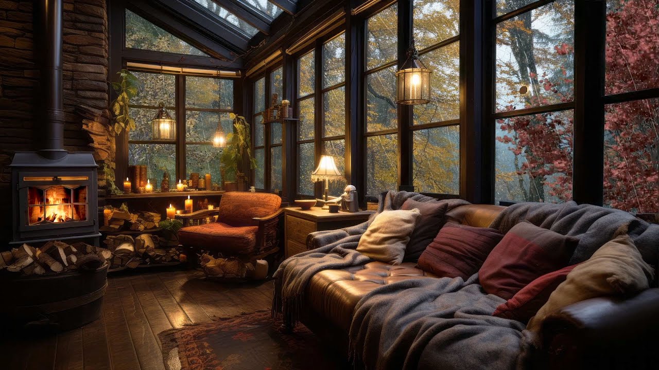 Rainy Autumn Day in Cozy Room with Fireplace and Fall Rain on Window ...