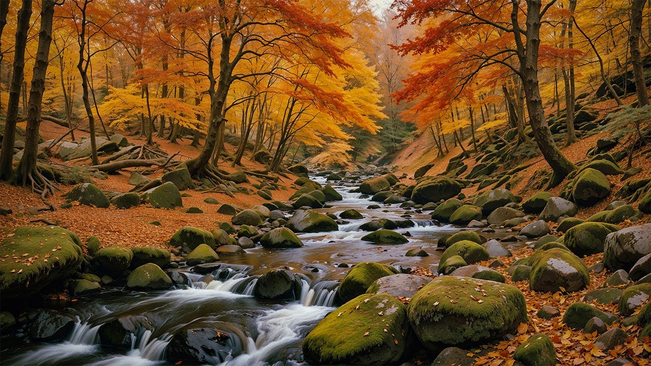 Autumn ambiance in the forest, with birds chirping and Flowing Water ...