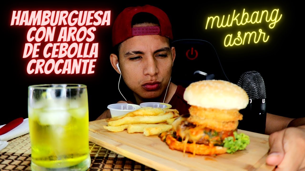 ASMR COMIENDO HAMBURGUESA CON AROS DE CEBOLLA CROCANTE - ASMR EATING ...