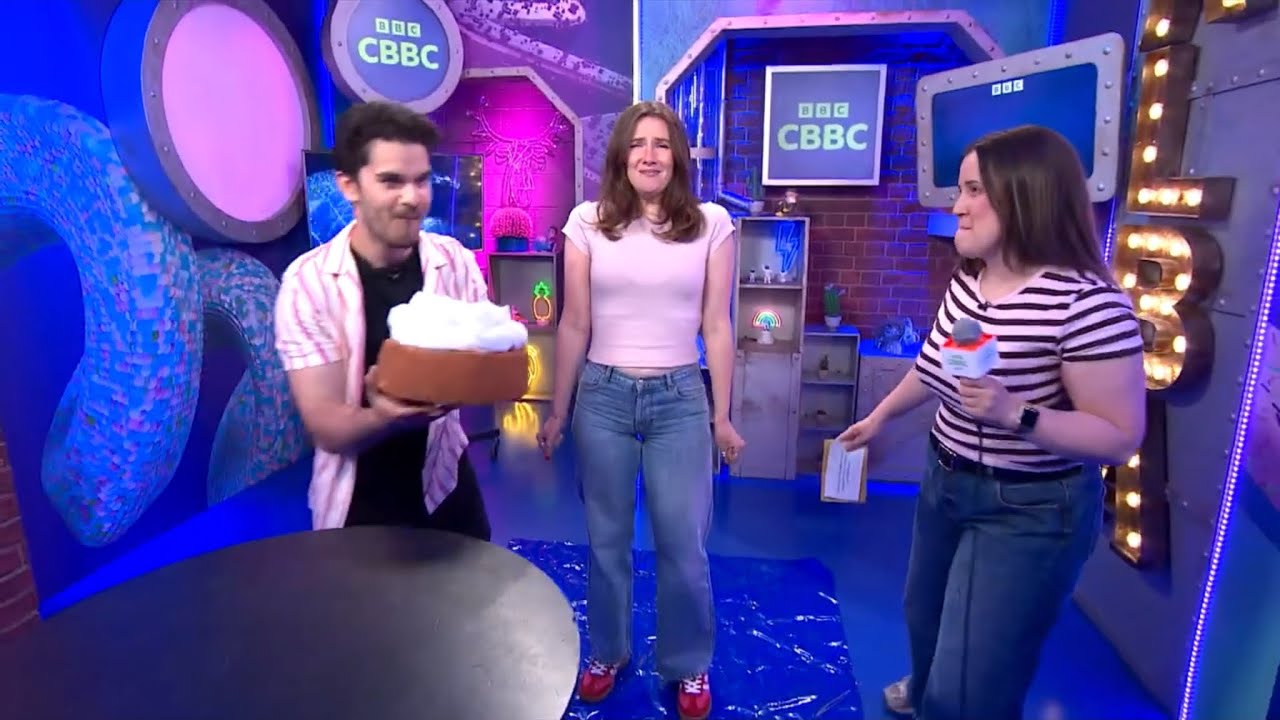 CBBC alba presenter pied in the face - YouTube