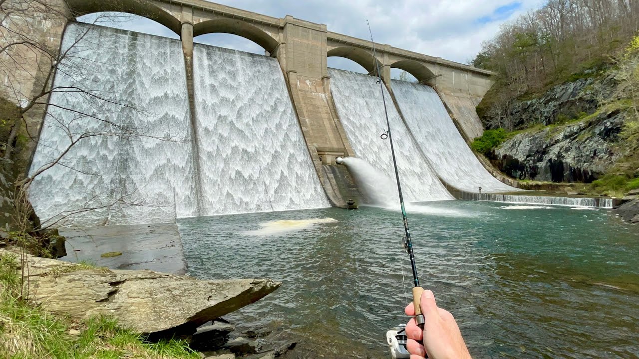 TROUT Fishing Below GIANT Spillway! - YouTube