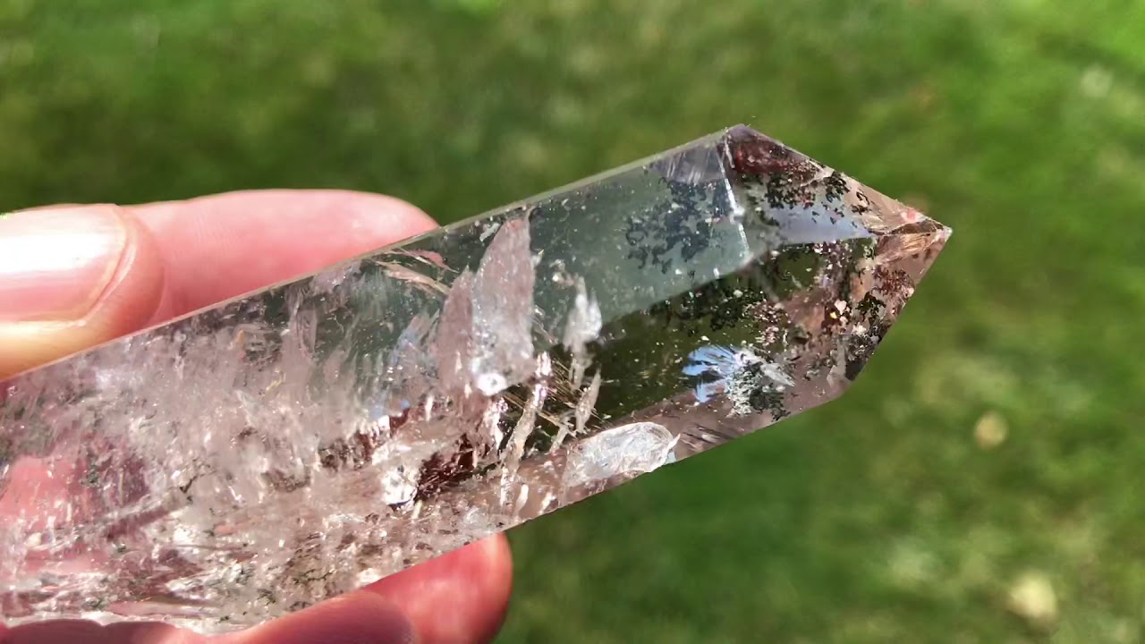 Peach colored quartz crystal with chlorite and rutile. - YouTube
