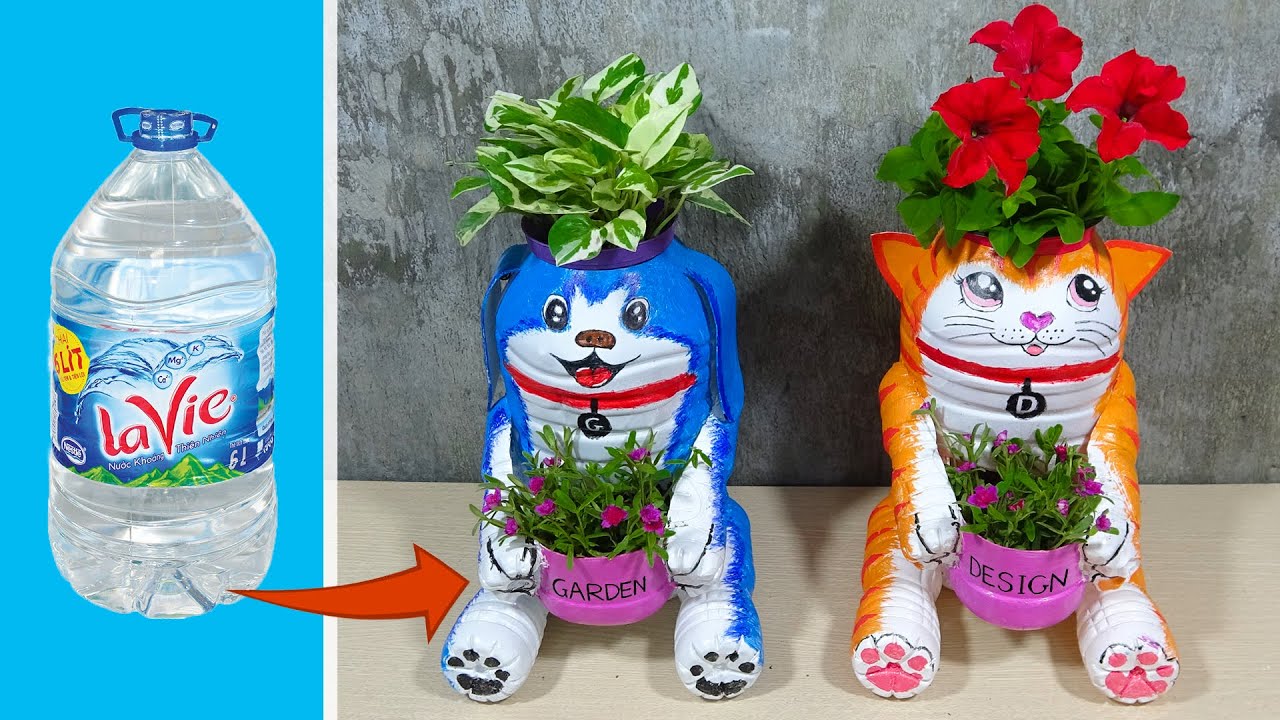 Recycling Plastic Bottles into Cat-Shapes Planter Pots for Little ...