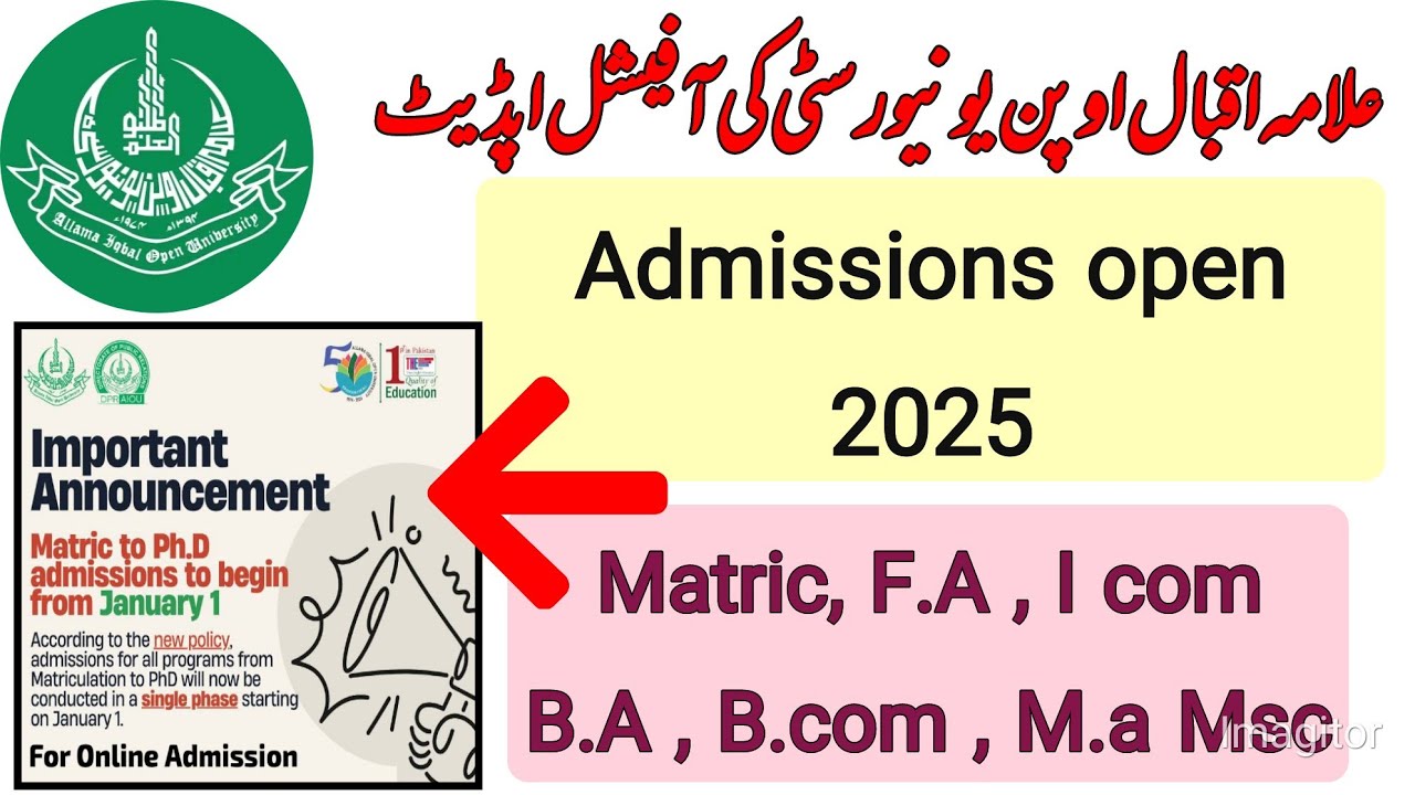 AIOU Admissions open 2025 Matric, F.A , I.com, B.A , B.com , M.A , Msc ...