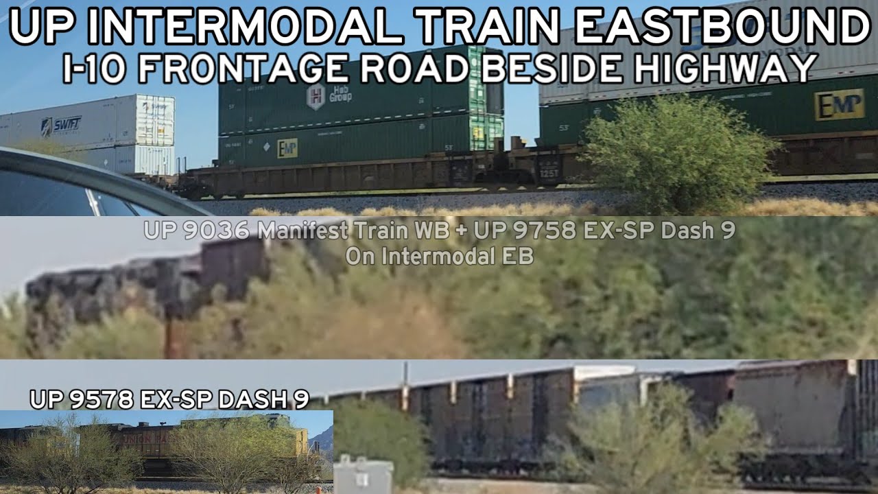 UP 9578 Rebuilt Ex-SP Dash 9 On EB UP Intermodal Train, I-10 Frontage Rd Beside Highway, Picacho ...
