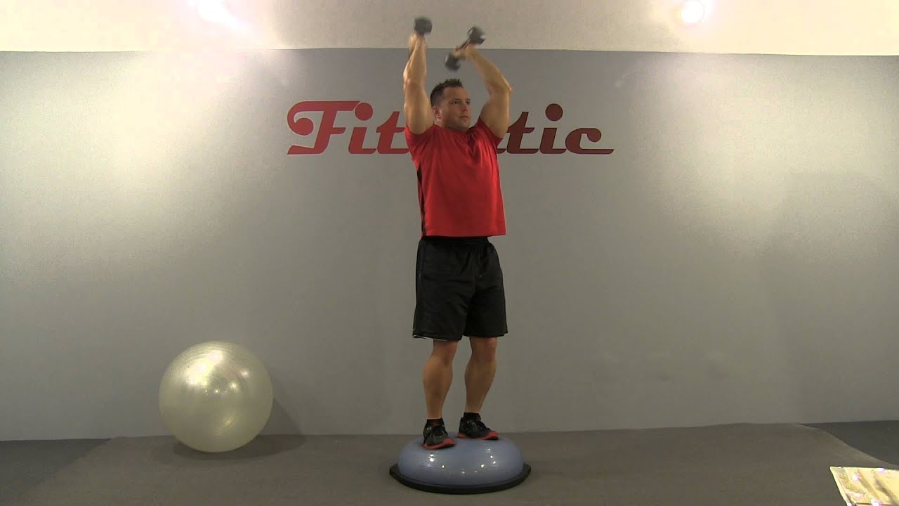 Bosu Ball Standing Dumbbell Shoulder Press To Overhead Tricep Extension ...