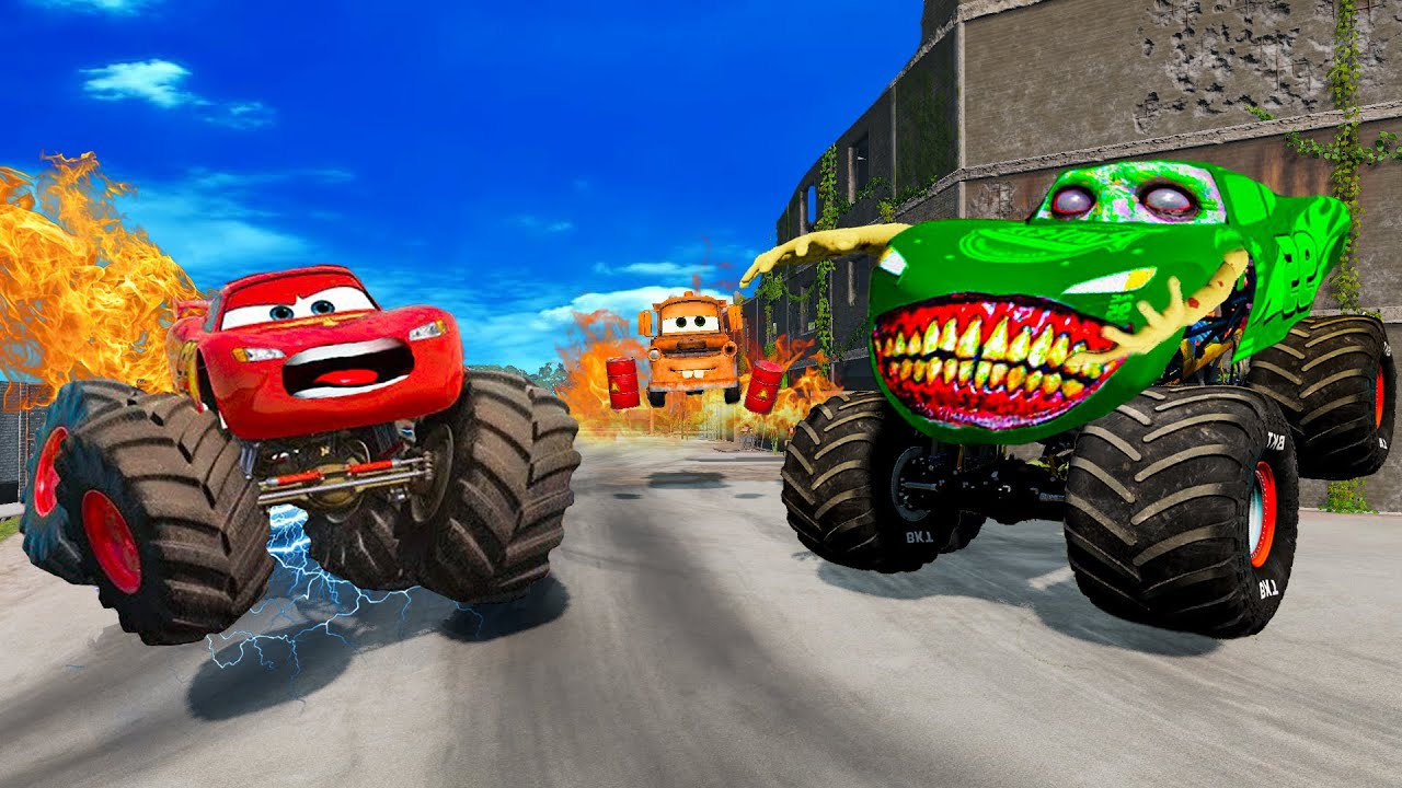 Angry Monster Truck Chick Hick vs Monster Truck Lightning Mcqueen Pixar ...