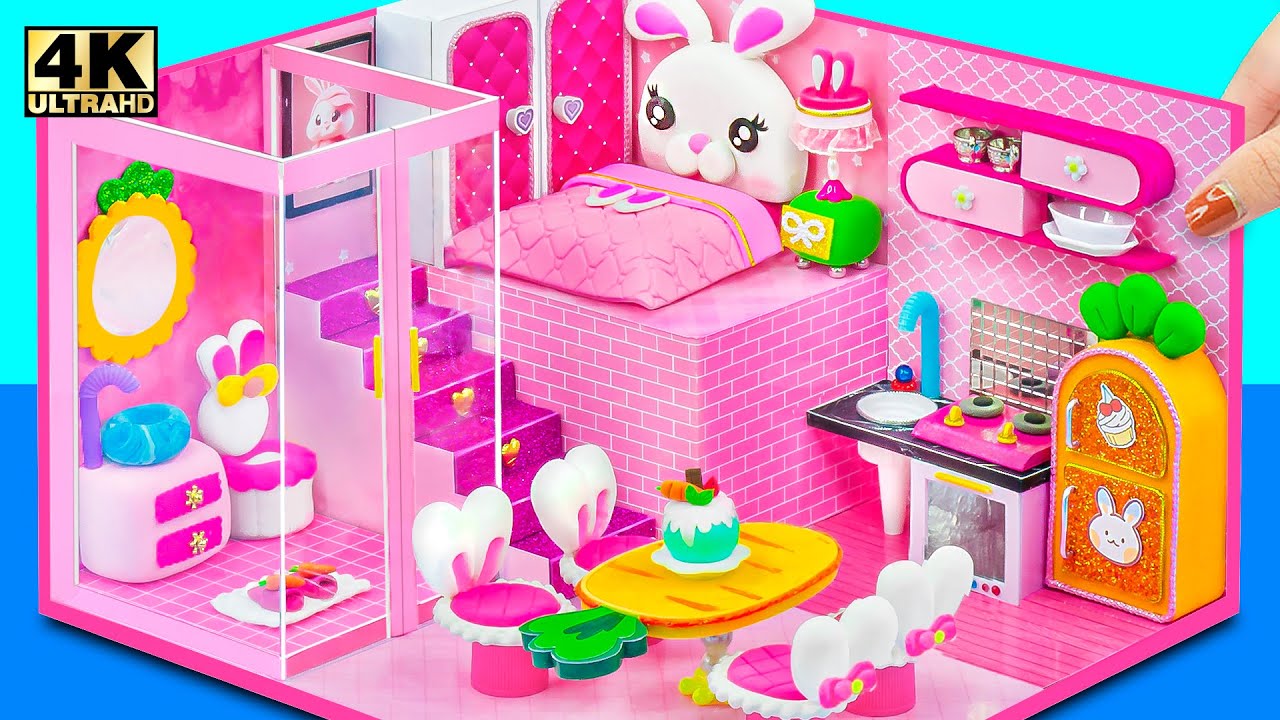 Build Pink Miniature House for Cute Bunny with Bedroom, Bathroom ...