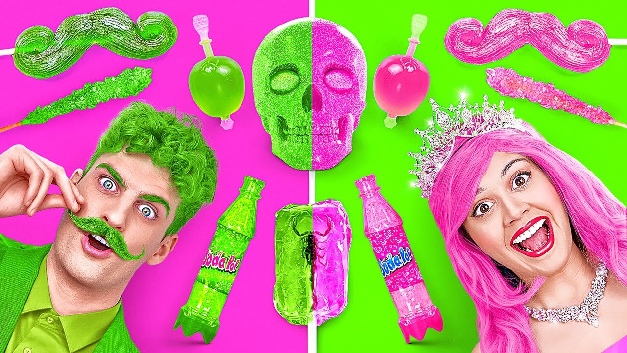PINK VS GREEN FOOD CHALLENGE || Eating Only 1 Color Food For 24 Hours ...