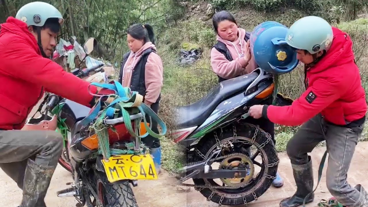 A man rode a motorcycle carrying a woman and heavy objects up the ...